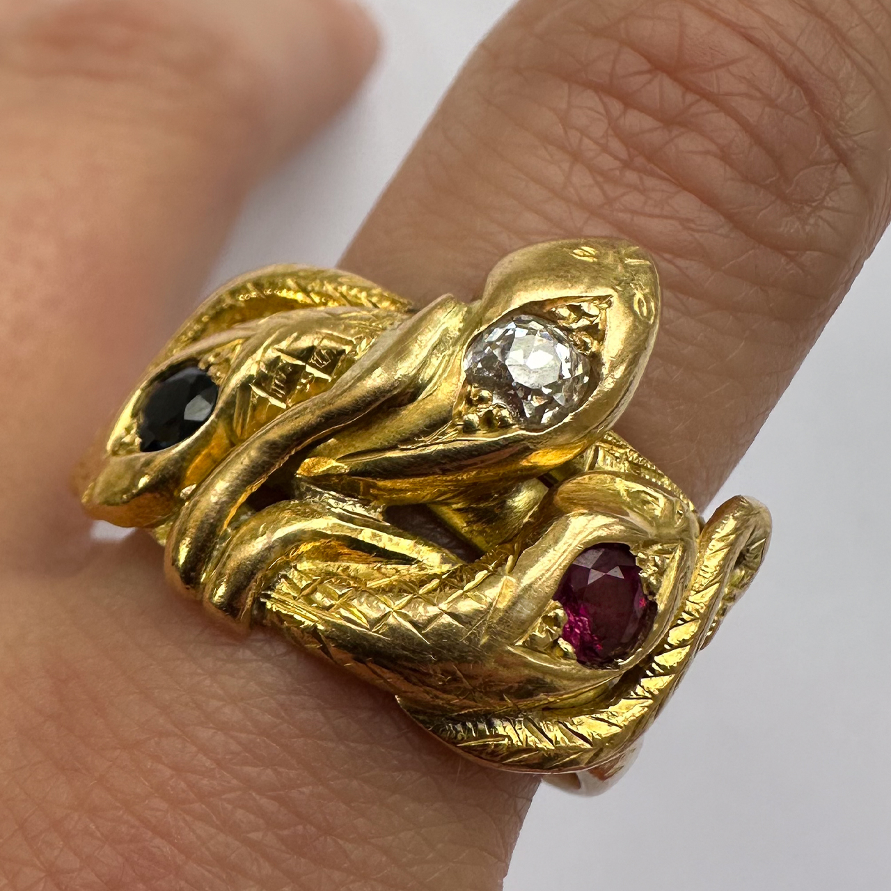 Antique Ruby Diamond Sapphire 3 Head Snake Ring | Saddingtons Antique ...