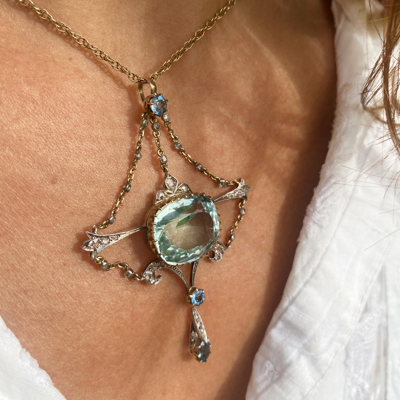 Antique Edwardian Aquamarine and Diamond Festoon Pendant | Saddingtons ...