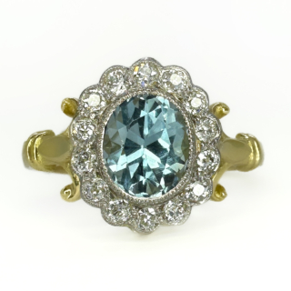 Antique Oval Aquamarine & Diamond Cluster Ring | Saddingtons Antique ...